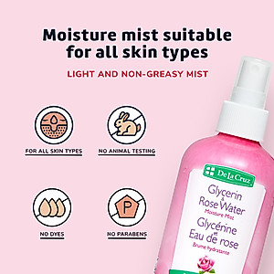 De La Cruz Rose Water and Glycerin Spray for Face - Rosewater Facial Toner and Moisturizer Mist for Skin and Hair 8 fl oz (236 mL)