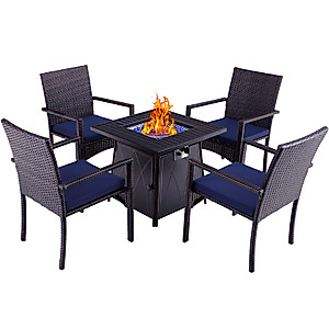 Sophia & William Outdoor 5 Pieces Dining Set with 1 Square Gas Fire Pit Table and 4 PE Rattan Chairs, Modern 2 in 1 50000 BTU Patio Propane Firepits Table Auto-ignition Black 28.4"L x 28.4"Wx 24.8"H