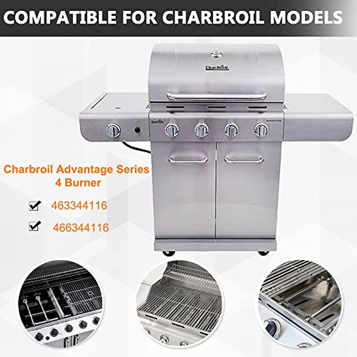 Yiming Grill Replacement Parts for Charbroil Advantage Series 4 Burner 463344116, 466344116 Gas Grill Models. Pipe Burner Tube, Heat Plate Tent Shield, Crossover Tube Replacement Kit for Charbroil.