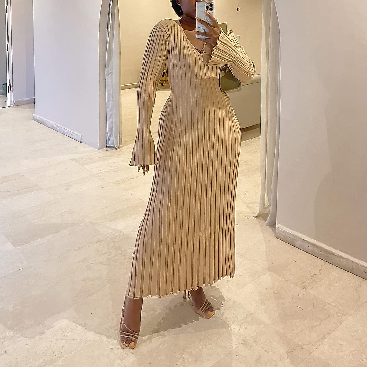 SOOKABEILA Women's Sexy Long Maxi Dress V Neck Backless Slim Fit Pencil Long Dress Bodycon Party Clubwear Dresses (G-Beige V Neck Knit,M)