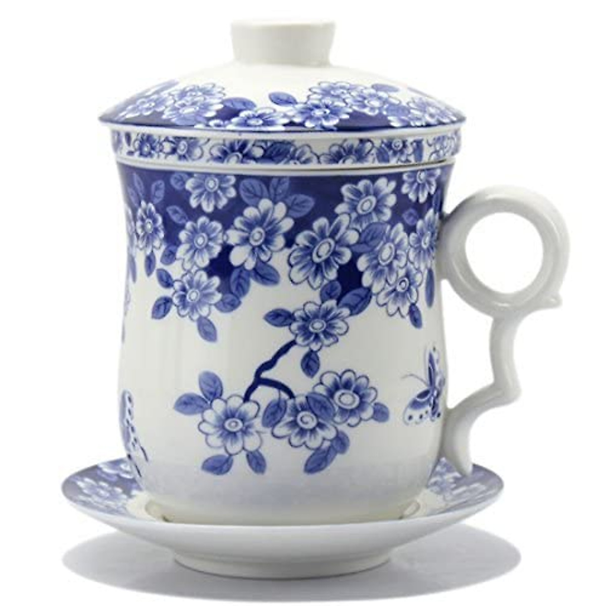 BandTie Convenient Travel Office Loose Leaf Tea Brewing System-Chinese Jingdezhen Blue and White Porcelain Tea Cup Infuser 4-Piece Set with Tea Cup Lid and Saucer (Butterfly Flower Pattern)