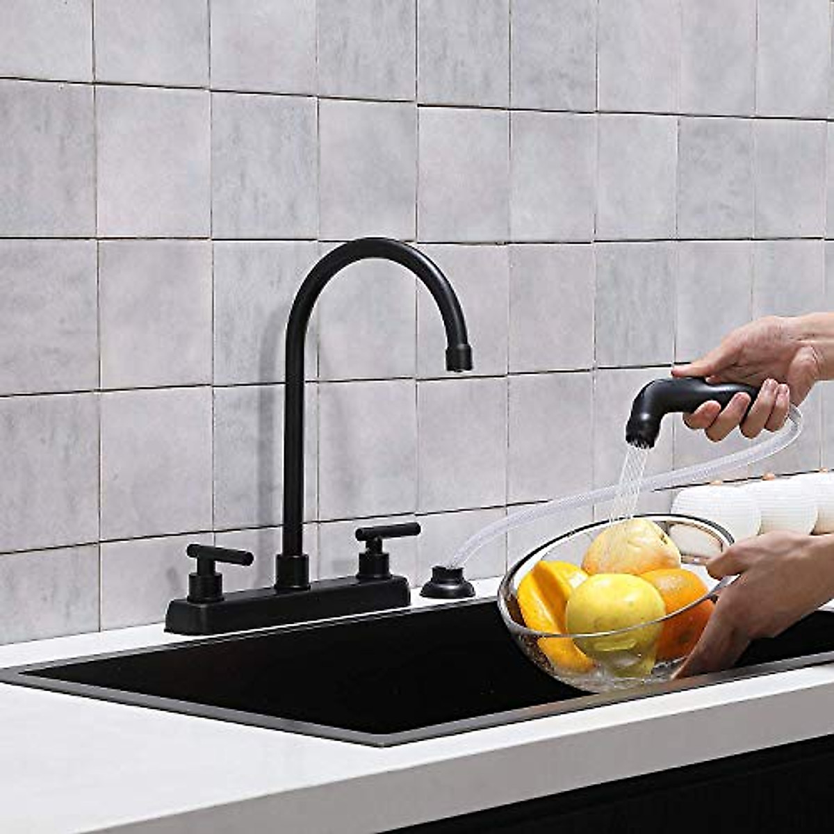 HOTIS Modern Matte Black 3 Hole 4 Hole Deck Mount Kitchen Faucet with Side Sprayer, Stainless Steel, 2 Handle, High Arc Swivel for RV Camper Sink