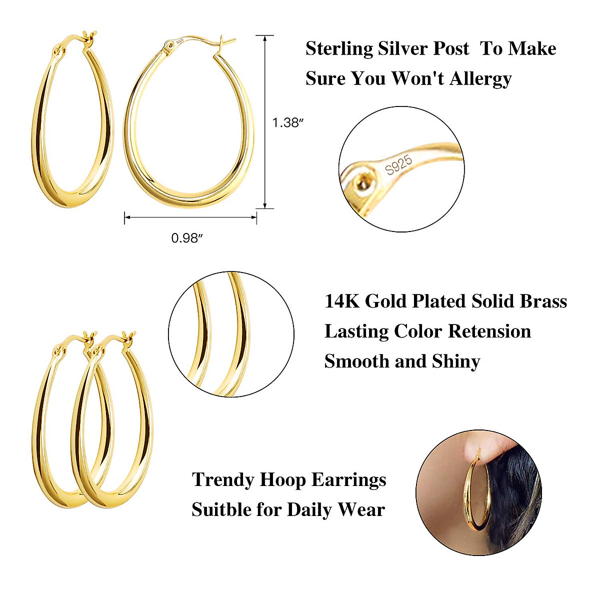 14K Gold Oval Hoop Earrings for Women 925 Sterling Silver Post Hypoallergenic Hoops Earrings