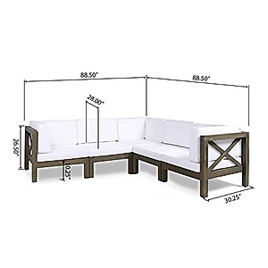 Great Deal Furniture Keith Outdoor Acacia Wood 5 Seater Sectional Sofa Set with Water-Resistant Cushions, Gray and White