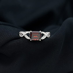 Rosec Jewels Natural Garnet 6X8mm Emerald Cut Engagement Ring, AAA Quality, Garnet Diamond East West Ring - Ready To Gift, 14K White Gold, Size:US 6.00