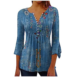 JDHUFEI Womens Shirts Summer 2023 Casual Print V-Neck Tshirts Linen Button Tunic Tops Boho Floral Fold Ladies Blouse Tees