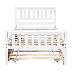 HomSof Twin Trundle, Platform Bed Frame with Headboard and Footboard,for Bedroom Small Living Space, White
