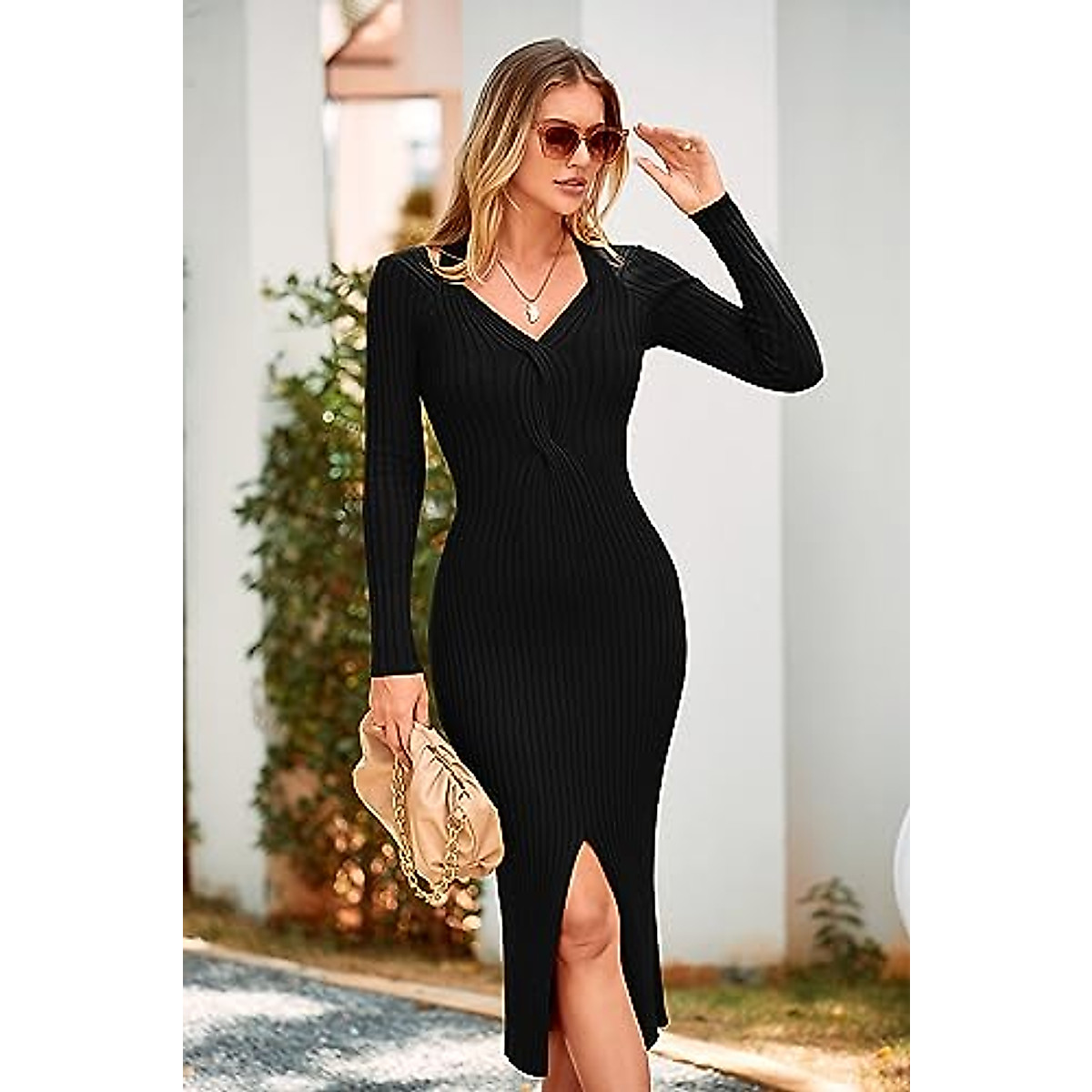 PRETTYGARDEN Women's Sweater Dress Ribbed Long Sleeve Knitted Slit Midi Dress for Women V Neck Bodycon Wrap Dress (Black, Large)