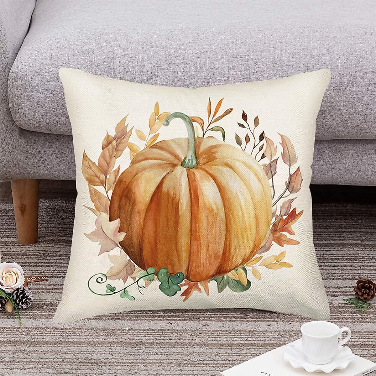 Fukeen Pumpkin Fall Decorative Pillow Covers 22x22 Inch Orange Pumpkin and Maple Leaves Autumn Harvest Throw Pillow Covers Farmhouse Thanksgiving Outdoor Pillows Case for Home Couch