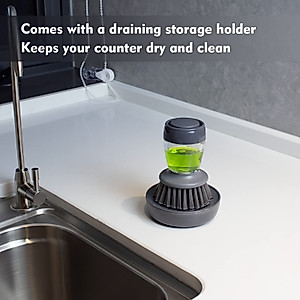 DAPOWER Dish Brush with Soap Dispenser, Kitchen Scrub Brush for Dishes Pots Pans Sink Cleaning, Dish Scrubber with Holder Set (Grey Handle & Nylon Bristles)