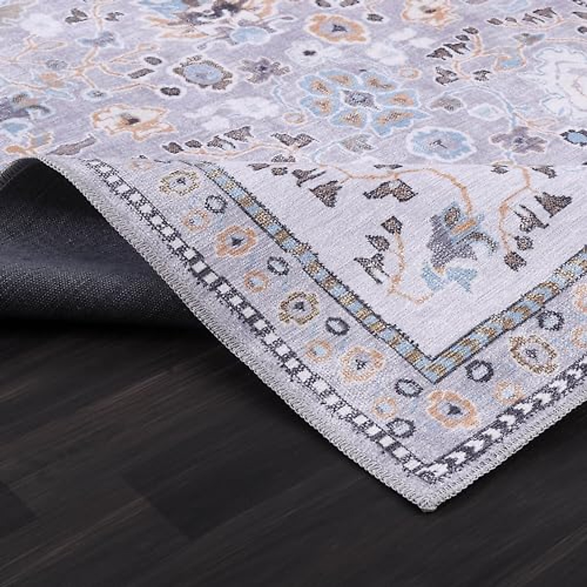 Lena Rug Floral Machine Washable Area Rug 5x7 for Living Room Bedroom Kitchen Dining Room Gray