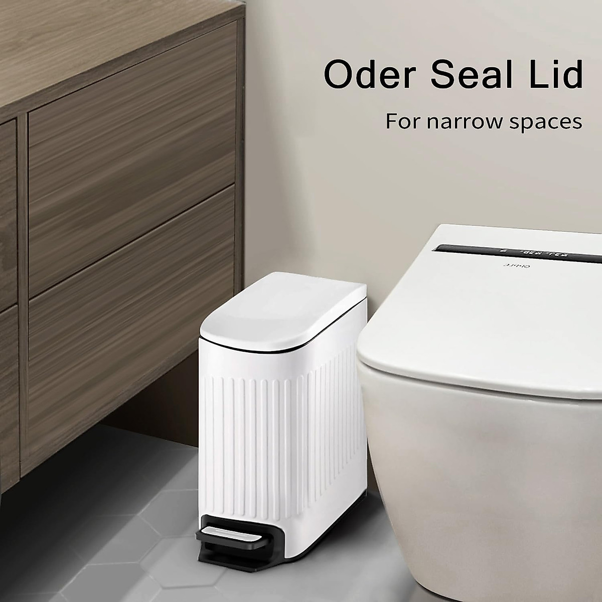 TIPGO Slim Bathroom Trash Can with Lid Soft Close, 6 Liter / 1.6 Gallon Stainless Steel Garbage Can with Removable Inner Bucket, Foot Pedal, Small Trash Cans for Bedroom, Office, Kitchen (White)