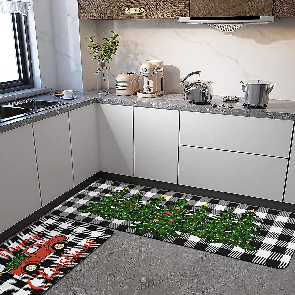 Xsinufn Merry Christmas Kitchen Rugs and Mats Set of 2,Buffalo Plaid Gingerbread Hot Cocoa Xmas Winter Holiday Sink Floor Mat Non Skid Washable for Home Farmhouse Christmas Decor 17"x47"+17"x30"