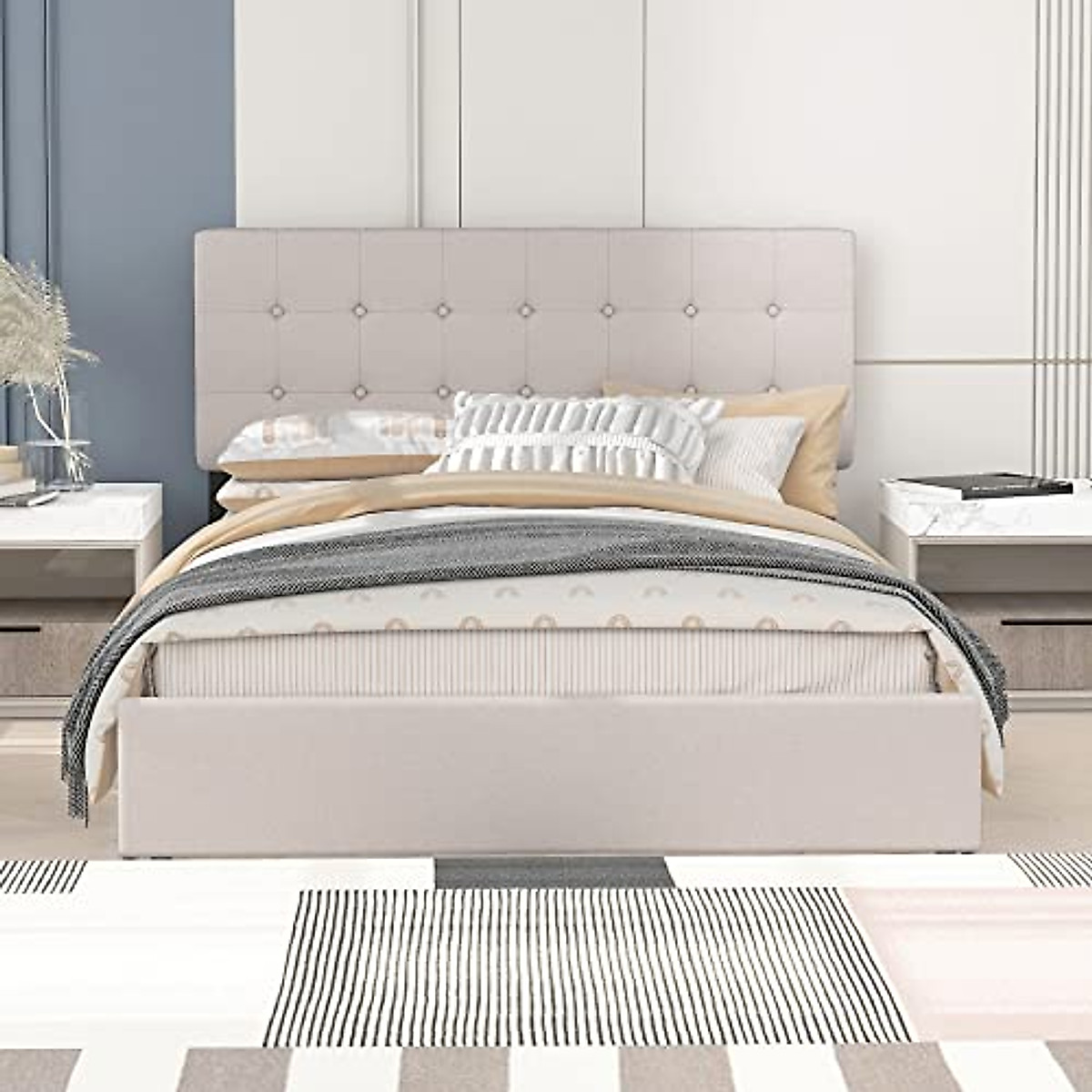 Contemporary Linen Upholstered Platform Bed Mattress Foundation w/Button Tufted Headboard&Slats for Adult,Low Panel Bedframe w/Gas Lift up Storage Space&Wooden Slats,No Box Spring Needed (Beige,Queen)