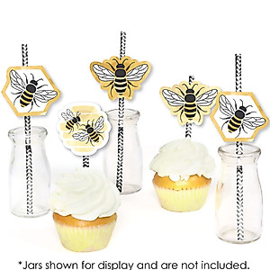 Big Dot of Happiness Little Bumblebee - Paper Straw Decor - Bee Baby Shower or Birthday Party Striped Decorative Straws - Set of 24