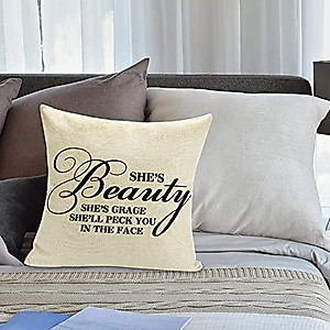 Farmhouse Pillow Covers 18x18 She's Beauty,She's Grage She'll Peck You in The Face Cotton Linen Throw Pillow Covers Decorative Home Decor Square She's Beauty Cushion Case for Couch