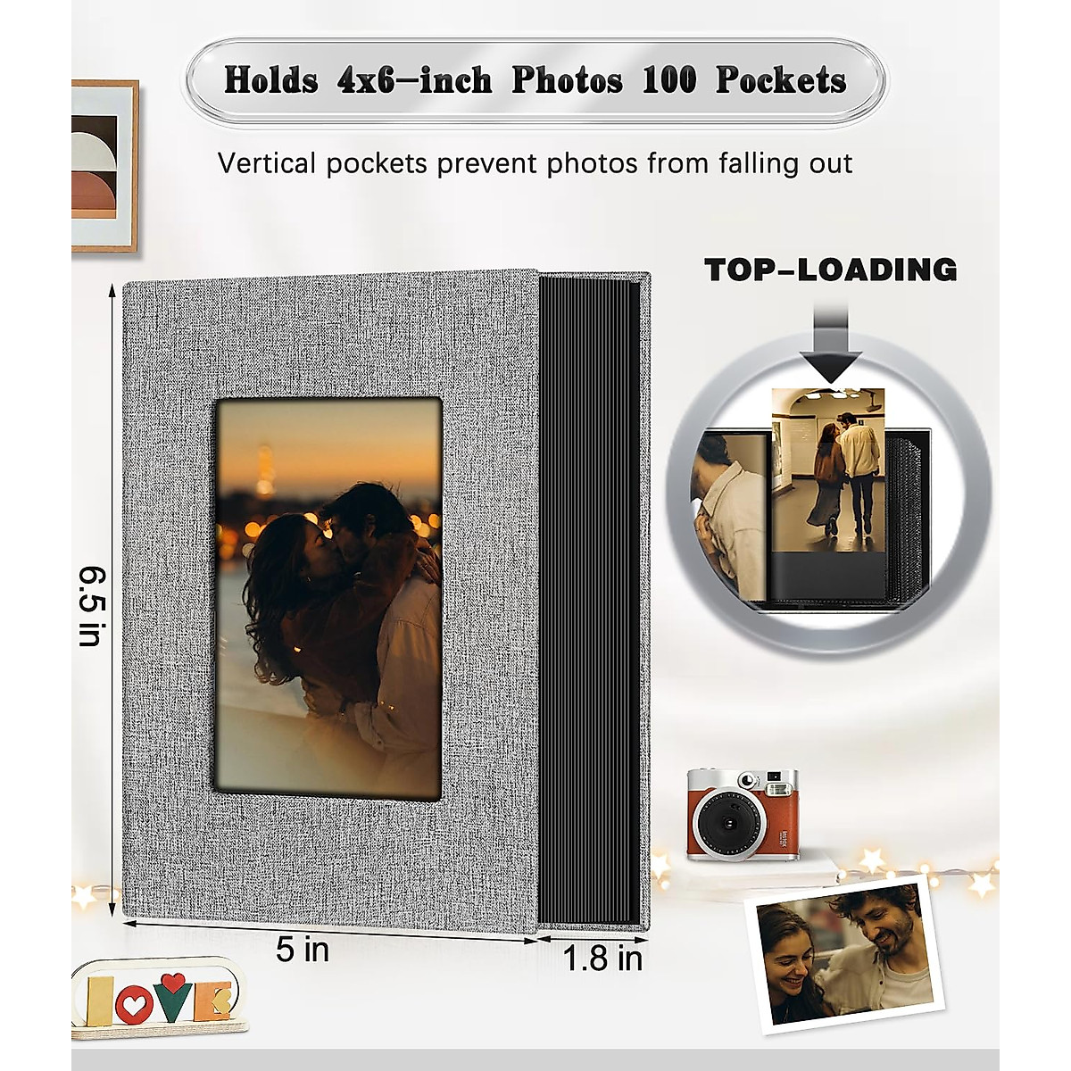 Ejblfe Photo Album 4x6,Linen Cover Slide-in Photo Album Book Can Holds 100 4x6 Photos with 50 Black Sheets for Family,Wedding,Baby and Holiday Pictures (Gray)