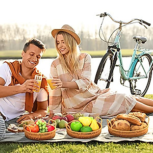 3 Pcs Rattan Serving Tray with Handles, Woven Wicker Tray Round Shallow Rattan Basket, Poly Wicker Basket Tray, Decorative Rattan Fruit Tray Cracker Boho Tray Decor for Serving Bread, Vegetable, Snack