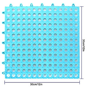 12 Pack 11.8" x 11.8" Interlocking Floor Tiles with Drain Holes Soft PVC Non Slip Shower Floor Mat Modular Interlocking Cushion Mat for Drain, Pool, Patio, Balcony, Kennel, Poultry, Floor Grid, Blue