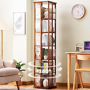360° Rotating Bookshelf, 6 Tier Floor-Standing Acrylic Bookcase for Kids Adults, Spinning Display Shelf Books Storage Rack for Small Space Living Room, Study Room (Brown)