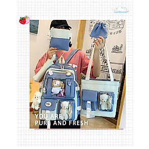 Kawaii Backpack with Cute Pins Aesthetic Accessories, Shoulder Bag with Pencil Bag Waist Bag Set for Girls (Blue, One size)