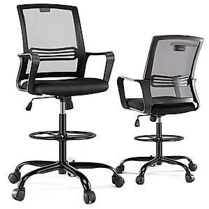 Drafting Chair, Tall Office Chair with Adjustable Foot Ring, Standing Desk Chair with Ergonomic Lumbar Support and Adjustable Armrests, Swivel Rolling Tall Chair, Breathable Mesh, Height Adjustable