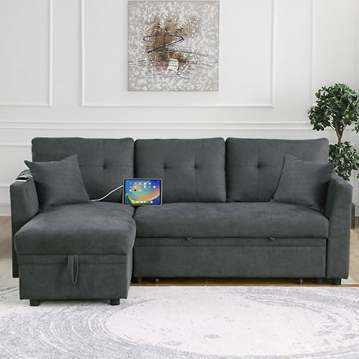 uhome Upholstered Sleeper Sofa with USB Ports sectional Couch Reversible Sofabed, Full XL, Gray
