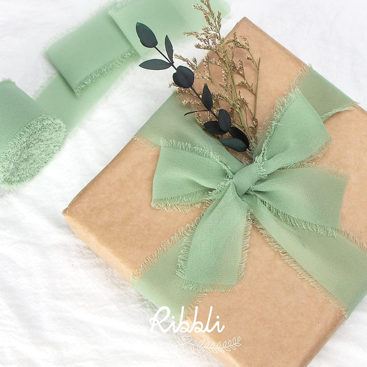 Ribbli Green Chiffon Ribbon1.5 inch x 30 Yard Handmade Silk Ribbon for Wrapping,Ivory Sage Forest Green Fringe Chiffon Ribbon for Wedding Invitations, Bridal Bouquets, Flower Arrangement Decoration