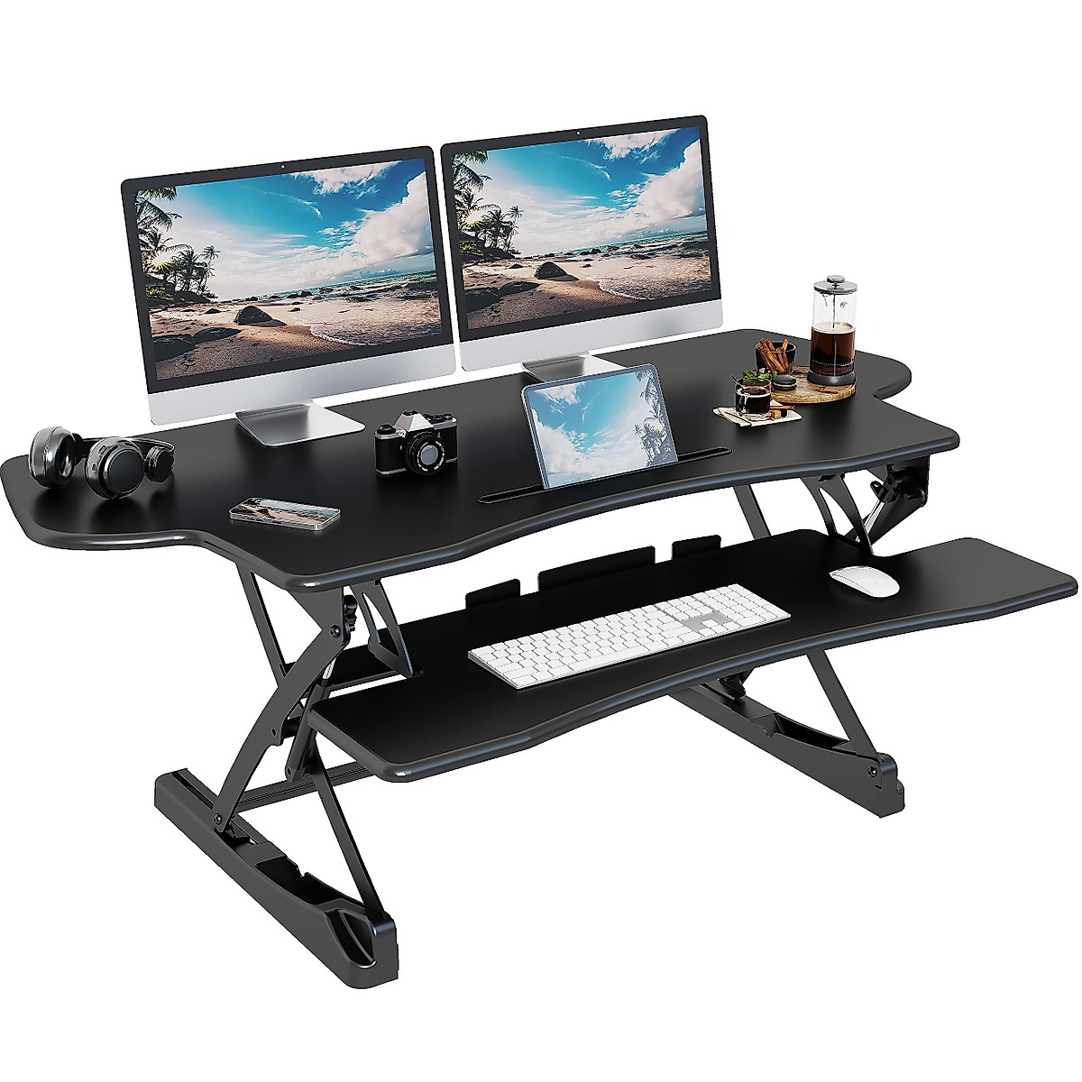Lubvlook Standing Desk Converter, 47" Height Adjustable Sit Stand Desk Riser for Dual Monitors with Keyboard Tray, Black, SD10L