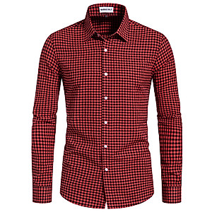 Manwan walk Men's Plaid Button Down Shirts Slim Fit Long Sleeve Casual Business Shirts Red/Black XL