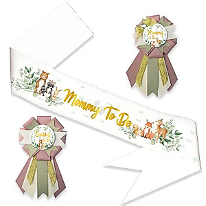 Mpanwen Woodland Baby Shower Sash, Mom to Be & Daddy to Be Corsage Woodland Animal Neutral Mom to be Sash Include Gold Glitter Letters Sash for Baby Shower