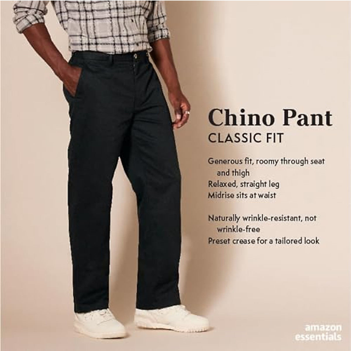 Amazon Essentials Men's Classic-Fit Wrinkle-Resistant Flat-Front Chino Pant (Available in Big & Tall), Black, 38W x 30L