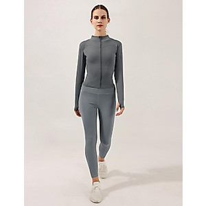 Locachy Women's Lightweight Stretchy Workout Full Zip Running Track Jacket with Thumb Holes Grey L