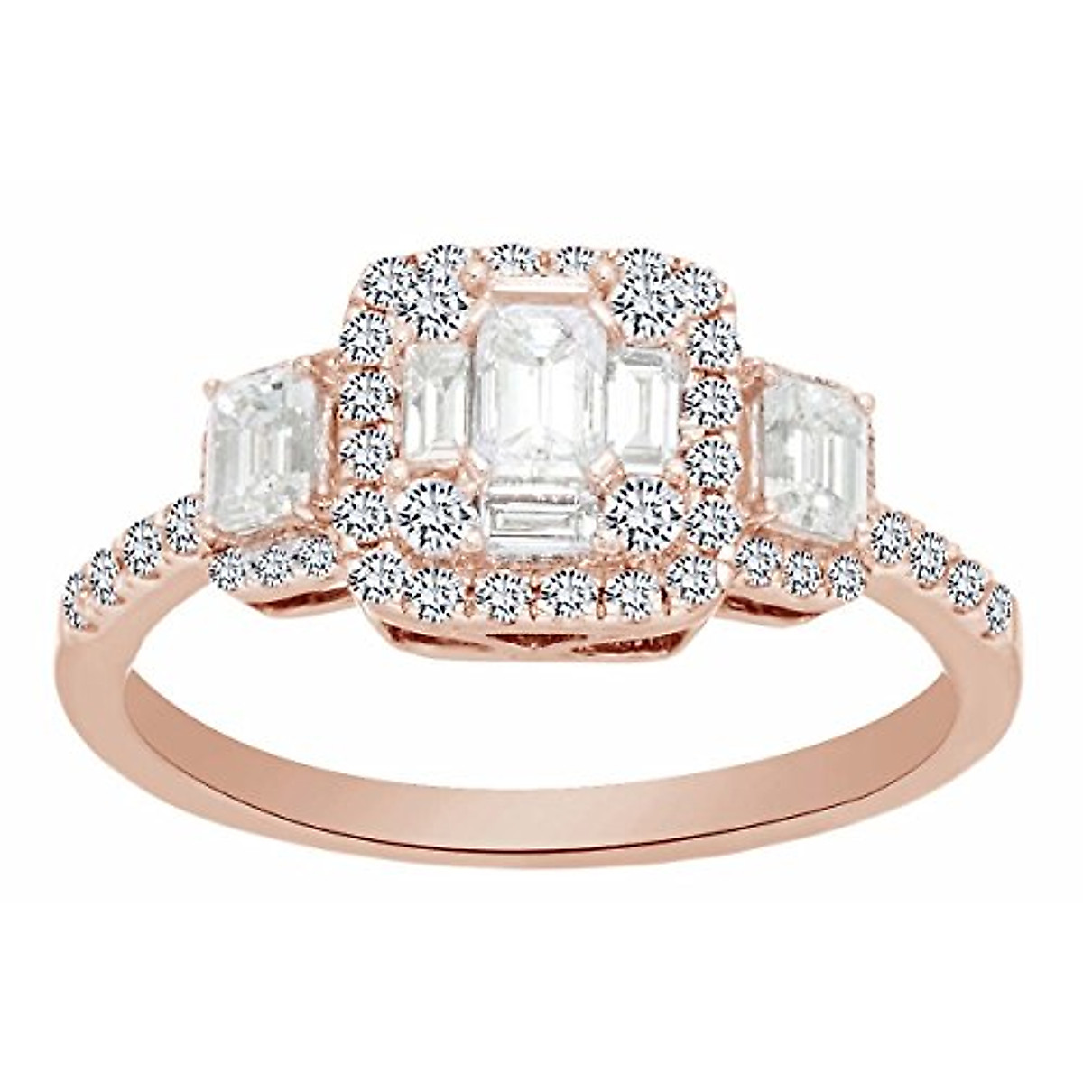 AFFY 14k Solid Rose Gold Emerald & Round Cut White Natural Diamond Cluster Engagement Wedding Ring 1 cttw Ring Size-11