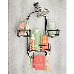 mDesign Modern Metal Wire Bathroom Tub & Shower Caddy, Hanging Storage Organizer Center - 2 Wash Cloth/Razor Hooks, 3 Baskets - for Bathroom Shower Stalls, Bathtubs, Rust Resistant Steel - Matte Black