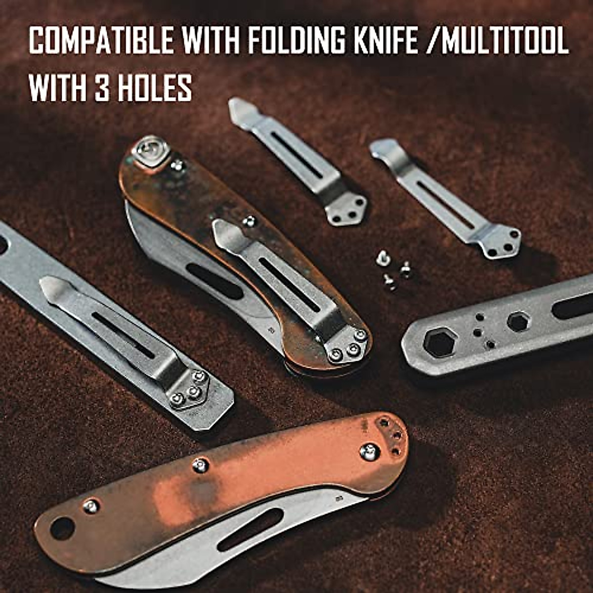 KeyUnity KA23 Deep Carry Pocket Clip, 3 Hole Pocket Clip Replacement for Knife & Multitool, Stainless Steel, Pack of 3