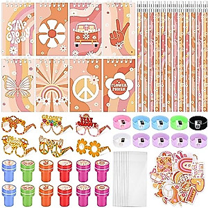 Honoson 122 Pcs Groovy Party Favors Retro Hippie Stationery Set Classroom Reward Prizes Notepads Pencils Badges Sharpeners Glasses Stickers Gift Bags for Kids Boho Birthday Two Groovy Party Supplies