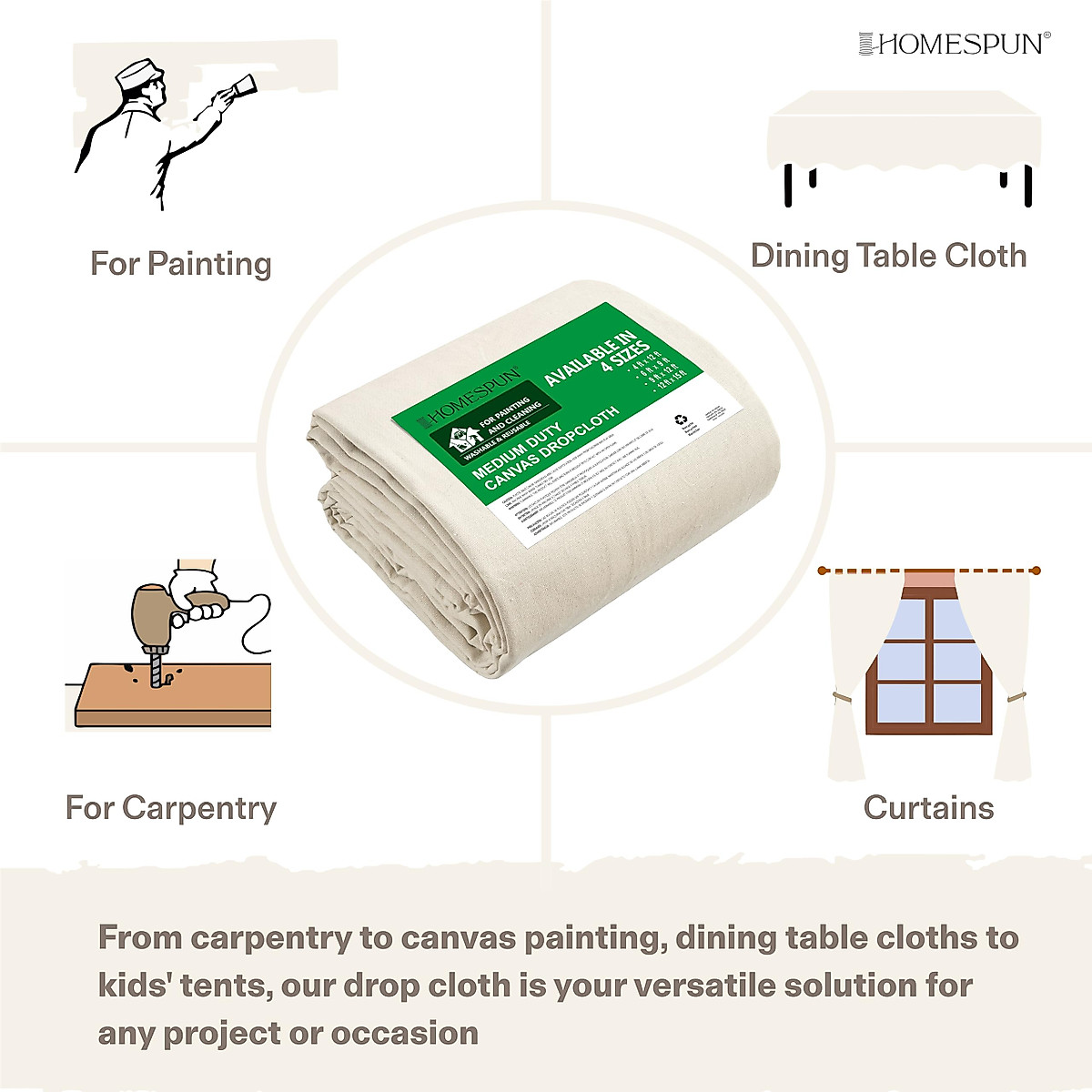 Homespun Canvas Drop Cloth - Canvas Tarp, Canvas Fabric Drop Cloth Curtains, 100% Recycled Cotton Drop Cloth, Drop Cloth for Painting, Floor & Furniture Protection, Painters Drop Cloth - (12x15 Ft)