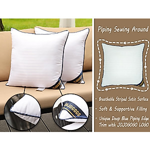 JOJOGOGO 18x18 Outdoor Throw Pillow Inserts Waterproof Set of 2, 18 x 18 Outdoor Patio Furniture Decorative Pillows, Outdoor Front Porch Decor White Chair Accent Pillows (with Deep Blue Piping)