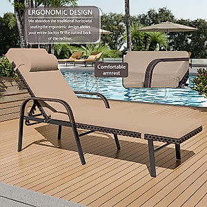 ASJMR Patio Chaise Lounge Set 3 Pieces Outdoor Lounge Chair with Rattan Adjustable Backrest Armrest and Folding Table for Beach Patio,Sand, for Poolside Backyard Porch