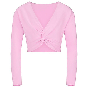 Soudittur Ballet Wrap Top Cotton Long Sleeve Dance Cardigan Shrug for Girls Black Pink White 3-13 Years (Small, Pink)