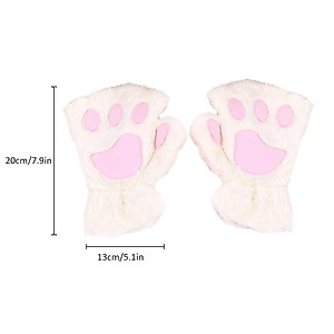 Lifenanny Cute Cat Paw Gloves, Winter Soft Warm Half Finger Gloves Cosplay Faux Fur Plush Gloves Kawaii Gloves for Women Girls (White)