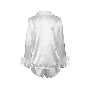 XBTCLXEBCO Silk Satin Pajamas for Women 2Pcs Feather Nightwear Set Long Sleeve Button Down Shirt Shorts Loungwear Pjs Set (Medium, White)