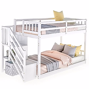 CNFZLIYUER Twin Over Twin Floor Bunk Bed with Stairs and Storage Shelves, Wood Kids Bunk Bed with Full-Length Guard Rail, Stairway Low Bunk Beds Twin Over Twin for Bedroom Dorm (White)