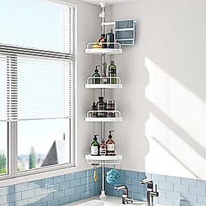 Corner Shower Caddy Tension Pole: Rust Proof 4Tier Shampoo Storage Organizer for Inside Shower - Telescoping Rod Shower Rack for Bathroom and Bathtub - Restroom Floor Standing Bath Rack Holder