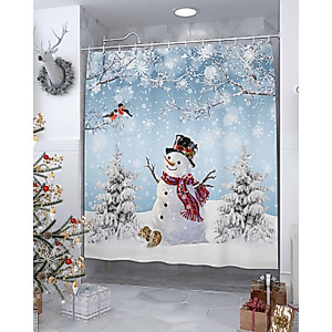 BEMIGO Christmas Tree Snowman Shower Curtains for Bathroom, Xmas Tree Farmhouse Fabric Waterproof Shower Curtain Set with Hooks, Christmas Vacation Decorations Bathroom Accessories 72x72inch