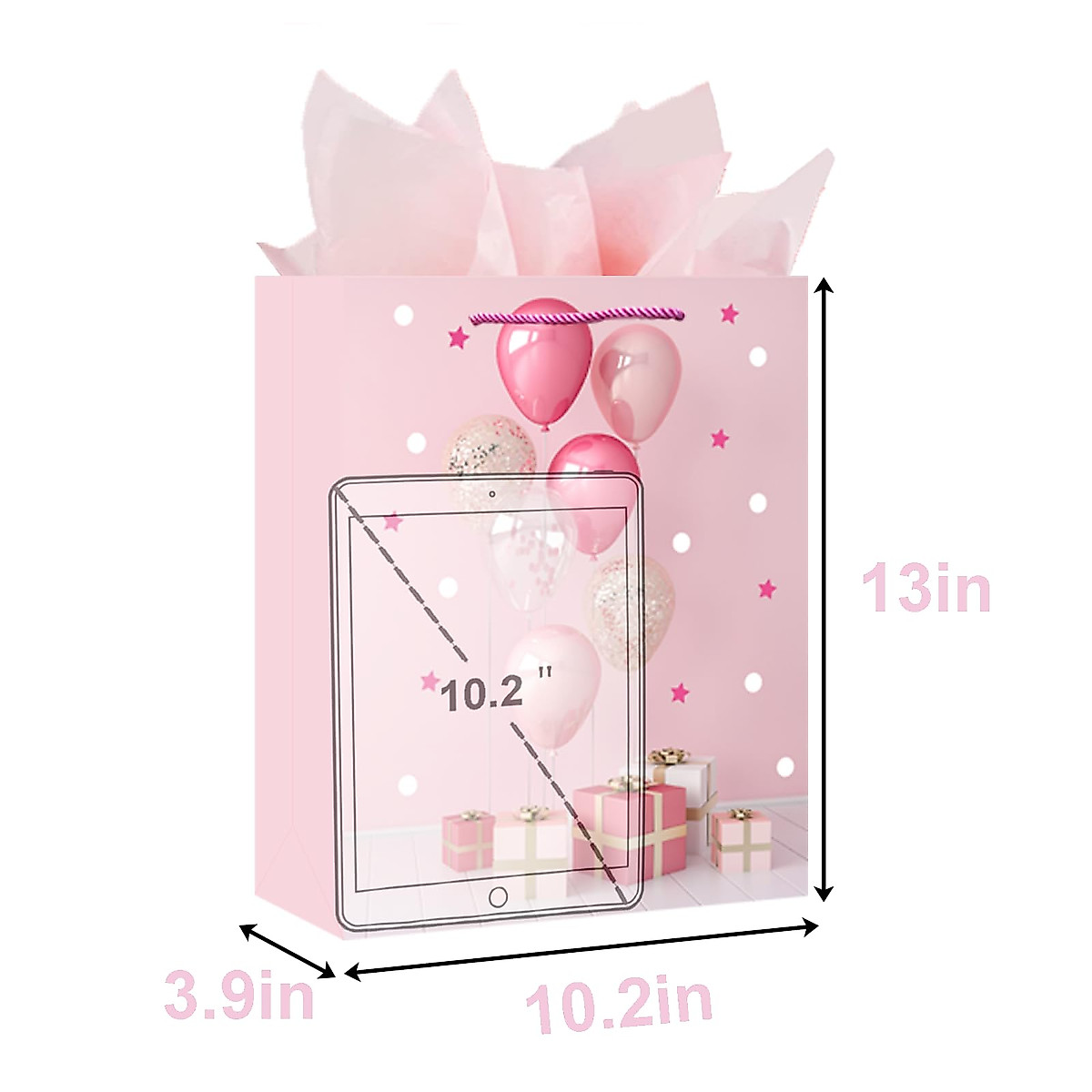 LUCKY AID 13” Birthday Gift Bag with Handle and Tissue Paper, Gift Bag for Boys, Girls, Women and Men’s Birthday Party, Baby Shower, Christmas Party Supplies (Pink)