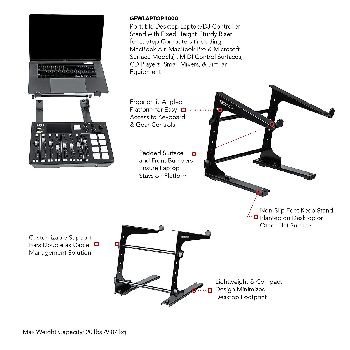 Gator Frameworks Portable Desktop Laptop/DJ Controller Stand with Fixed Height; (GFWLAPTOP1000)