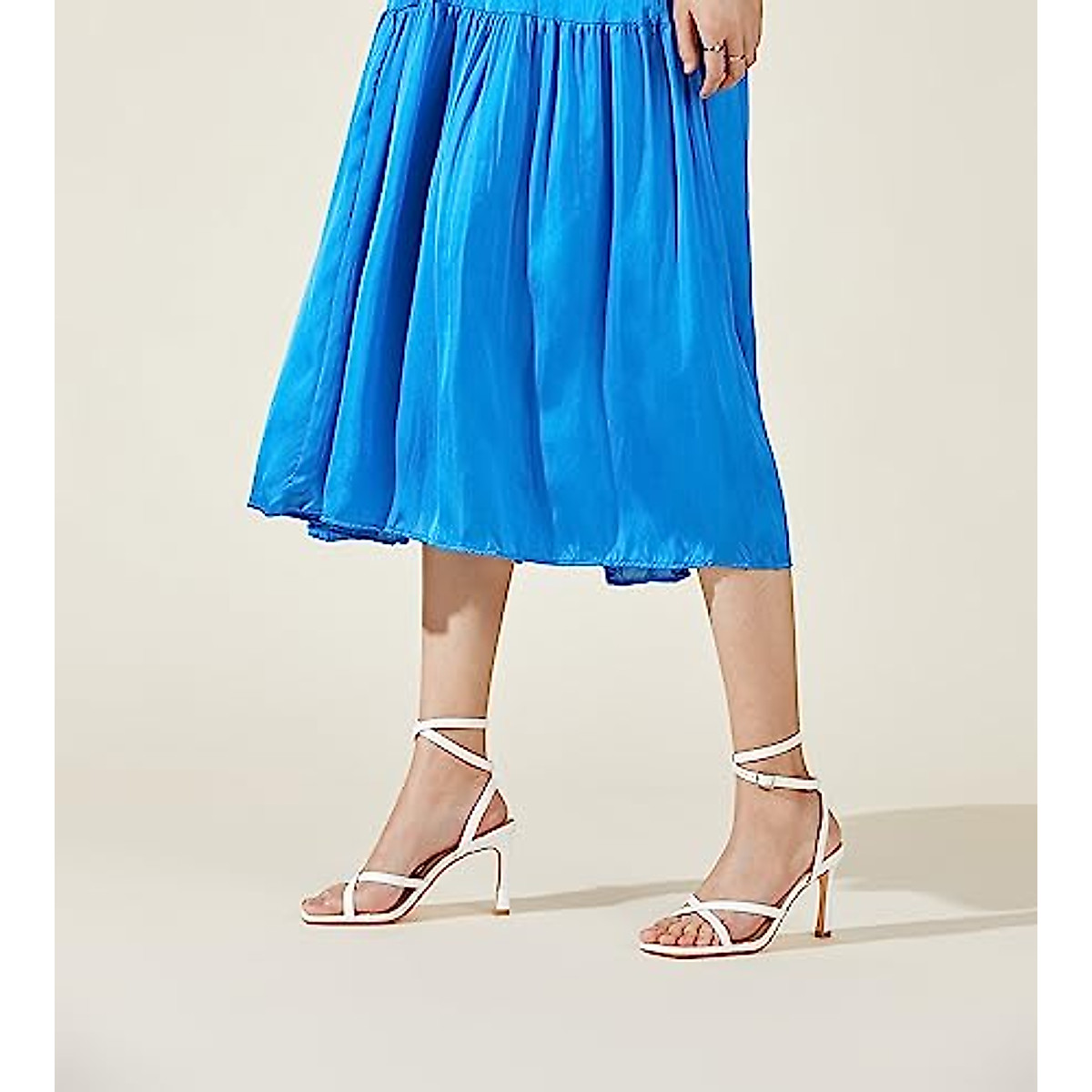 Arromic White High Stilettos Heeled Sandals for Women Strappy Square Toe Heel Open Toe Heels Dressy Wedding Shoes Pumps Sandals