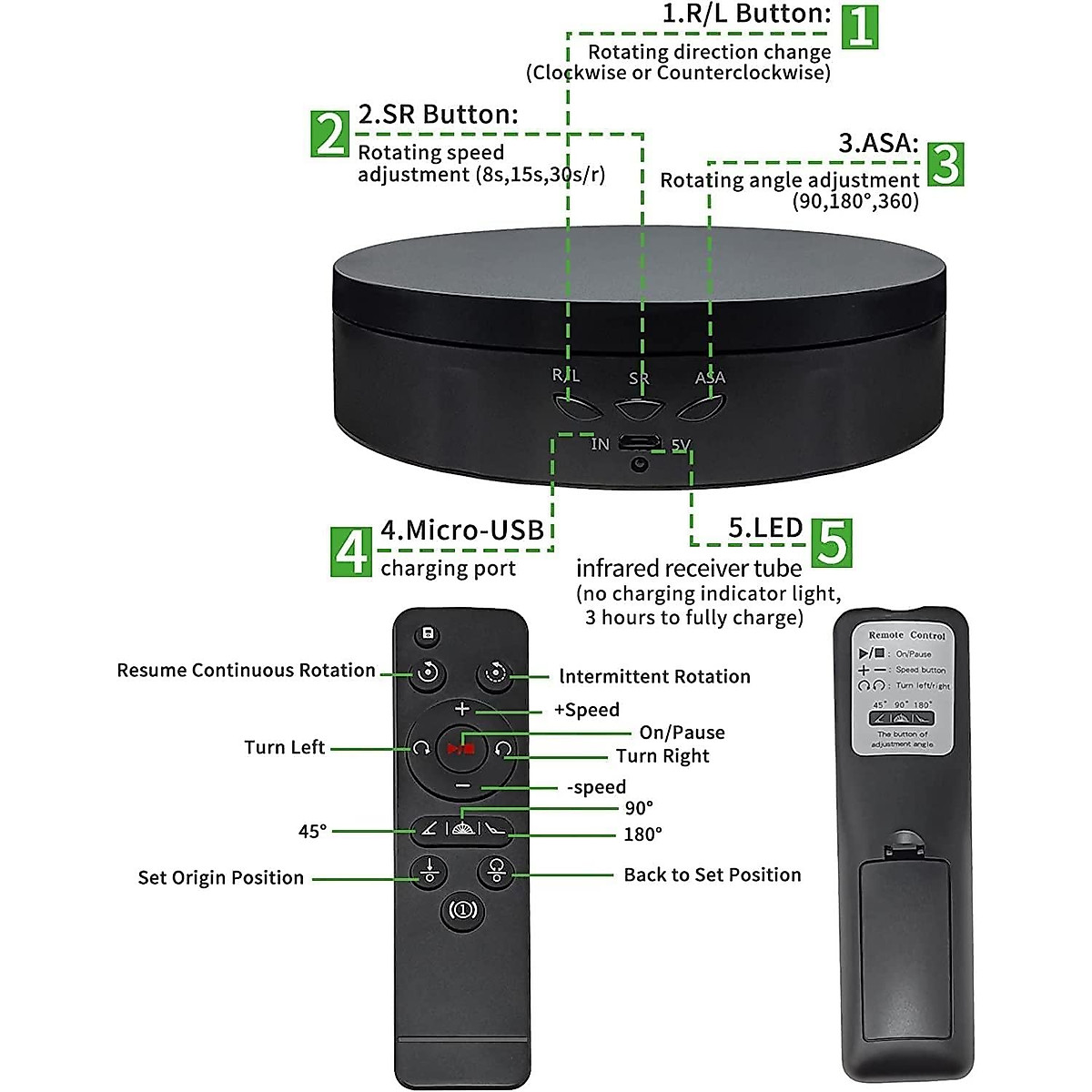 ZLMONDEE Remote Motorized Rotating Display Stand Turntable Motorized Lazy Susan with 5.74/7.08/8.66 inch Replacement Cover for Photography Products and Shows (Black)